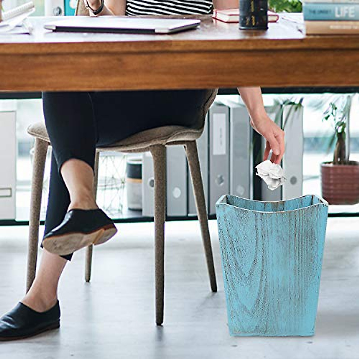 Honest Wood Trash Can,Rustic Farmhouse Style Wastebasket Bin with Handle for Living Room,Bedroom,Bathroom,Kitchen,Office(Blue)