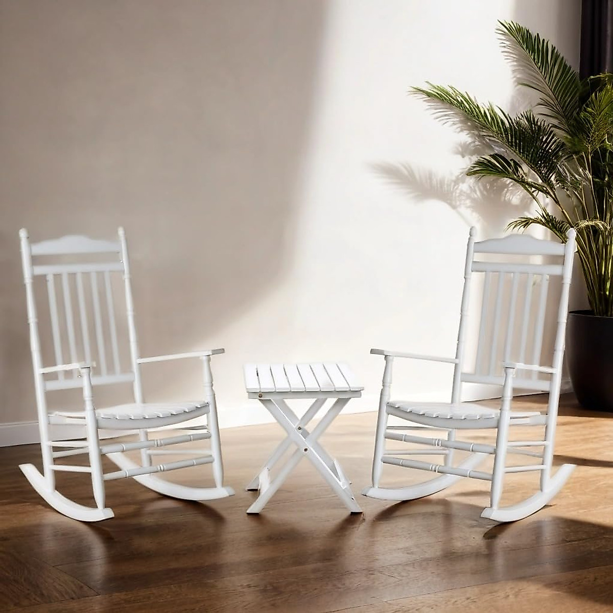 BplusZ Outdoor Patio Wooden Rocking Chairs Small Folding Side Table Set 3 Piece Furniture, 2 Rockers and 1 Foldable End Table, Porch Bistro Balcony, White