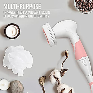 Brookstone 6 Piece Electric Body Bath Brush | Long Handled Body Scrubber and Facial Cleansing Brush | Battery Powered Shower Brush with 4 Spin Brush Heads
