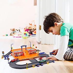 City Parking Garage Diecast Racing Track Set - Kids Toy Car Wash Vehicle Playset with Signs, Accessories and Metal Vehicles