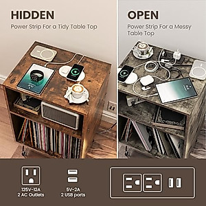 TC-HOMENY Record Player Stand with Charging Station & USB Ports, Turntable Stand Holds Up to 160 Albums, Vinyl Record Storage Stand with Metal Legs for Living Room, Bedroom, Office