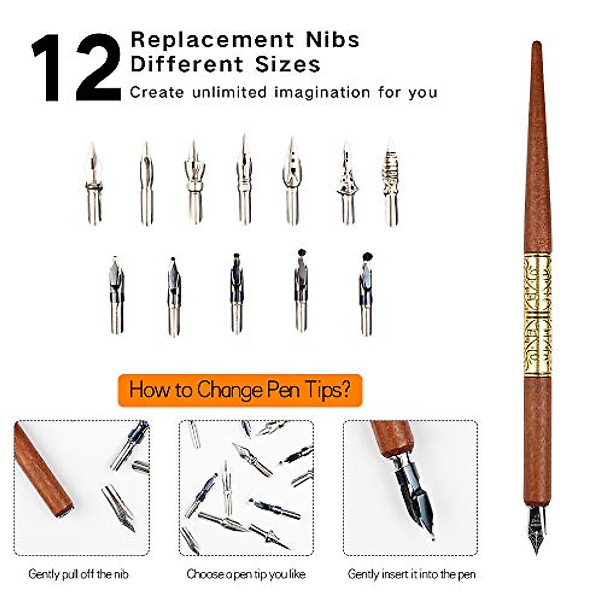 Feather Quill Pen and Ink Set,Writing Quill,Vintage Calligraphy Dip Pen Kit with 17Replacement Nibs,Wax Seal Sticks,Wooden Dip Pen,2 in 1 Seal Stamp Pen Nib Base,Envelope,Letter Opener