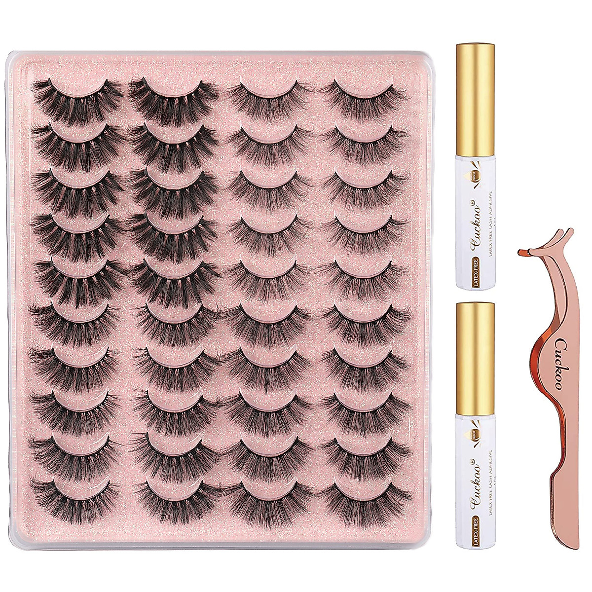 Cuckoo 20 Pairs False Eyelashes 3D Faux Mink Lashes Natural Look Wispy Fake Eyelashes,Fluffy Volume Long Thick Lashes Pack 4 Styles Mixed,with 2pc Eyelash Glue and Applicator Tool