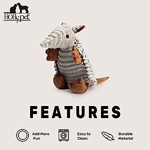 Hollypet Dog Toys, Plush Dog Toys, Squeaky Dog Toys, Stuffed Toys for Small Medium Large All Breed Sizes Dogs, Big Armadillo Animals Toy, Puppy Chew Toy with Clean Teeth, Gray