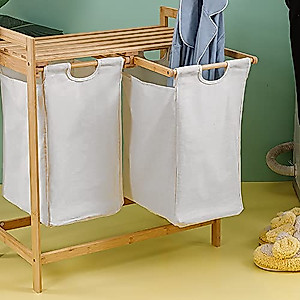 Bellglee Laundry Hamper with Shelf, 2 Sections Wooden Laundry Basket with Sliding Removable Bags, Bamboo Wood Laundry Organizer with Double Compartments, Laundry Sorter with Handles