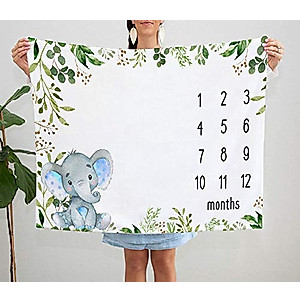 Yuzioey Baby Monthly Milestone Blanket Elephant, Safari Elephant Baby Photo Blanket, Gift for New Moms Baby Shower, Watch Me Grow Baby Boy Greenery Elephant Nursery Décor, Includes Marker (50"x40")