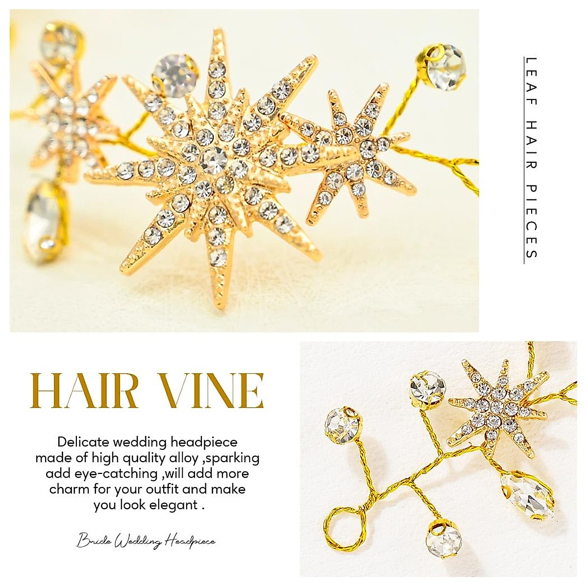 Unicra Star Rhinestone Bride Wedding Hair Vine Gold Bridal Hair Piece Crystal Hair Accessories for Women and Girls (21 Inches) (Gold)