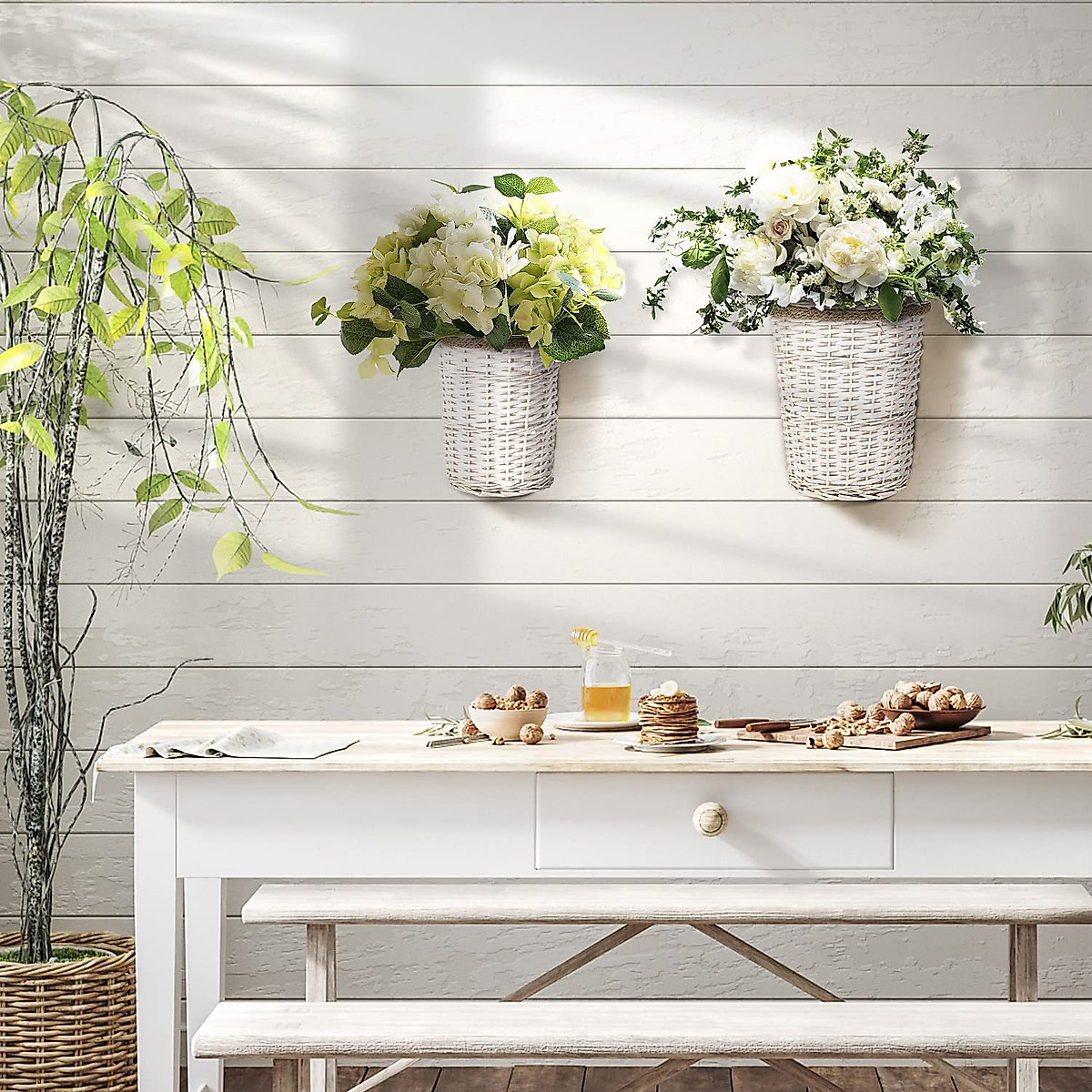 AceList Set of 2 Handmade Wall Hanging Baskets - Woven Wicker Wall Baskets Perfect for Boho Rustic Farmhouse Wall Decor(White)