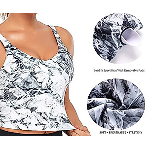 Oalka Sports Bra Womens Longline Padded Crop Tank Yoga Bras Workout Fitness Top Heart Floral Leaf White S
