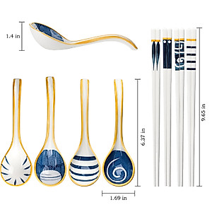 Spoon and Chopsticks Set Ceramic Chopsticks Spoon Set of 4 Asian Soup Spoon and Chopsticks Long Handle Spoon Chopstick for Home Kitchen Restaurant (Model 1#)