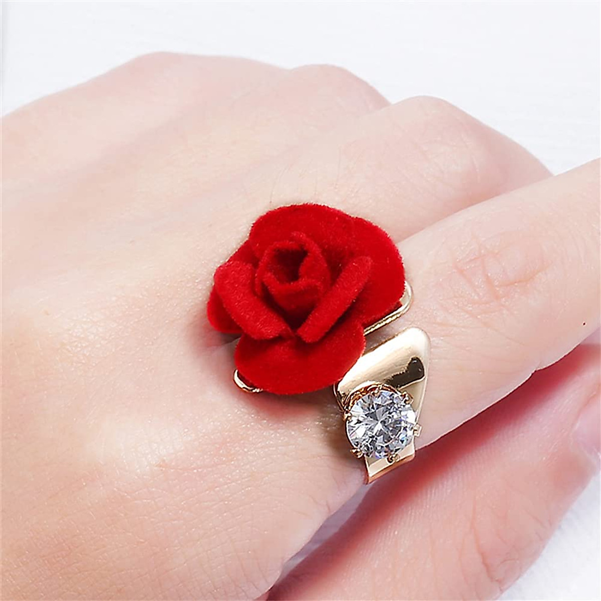 Dtja CZ Flower Wedding Ring for Women Statement Engagement Round Rhinstone Suede Rose Adjustable Open Band Finger Rings Comfort Fit Cocktail Party Vintage Y2K Jewelry Gift (Red)
