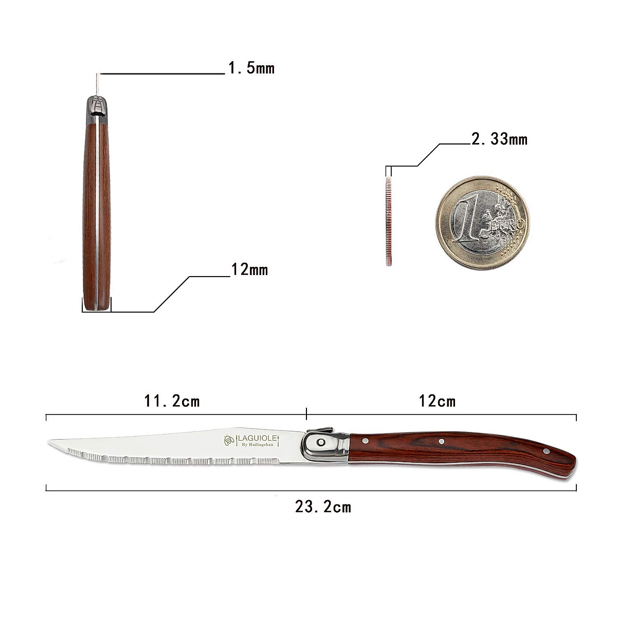 Laguiole by Hailingshan Steak knives Serrated Edge Sharp Light Premium Dishwasher Safe Stainless Steel knife set of 8 wood handle with Gift Box