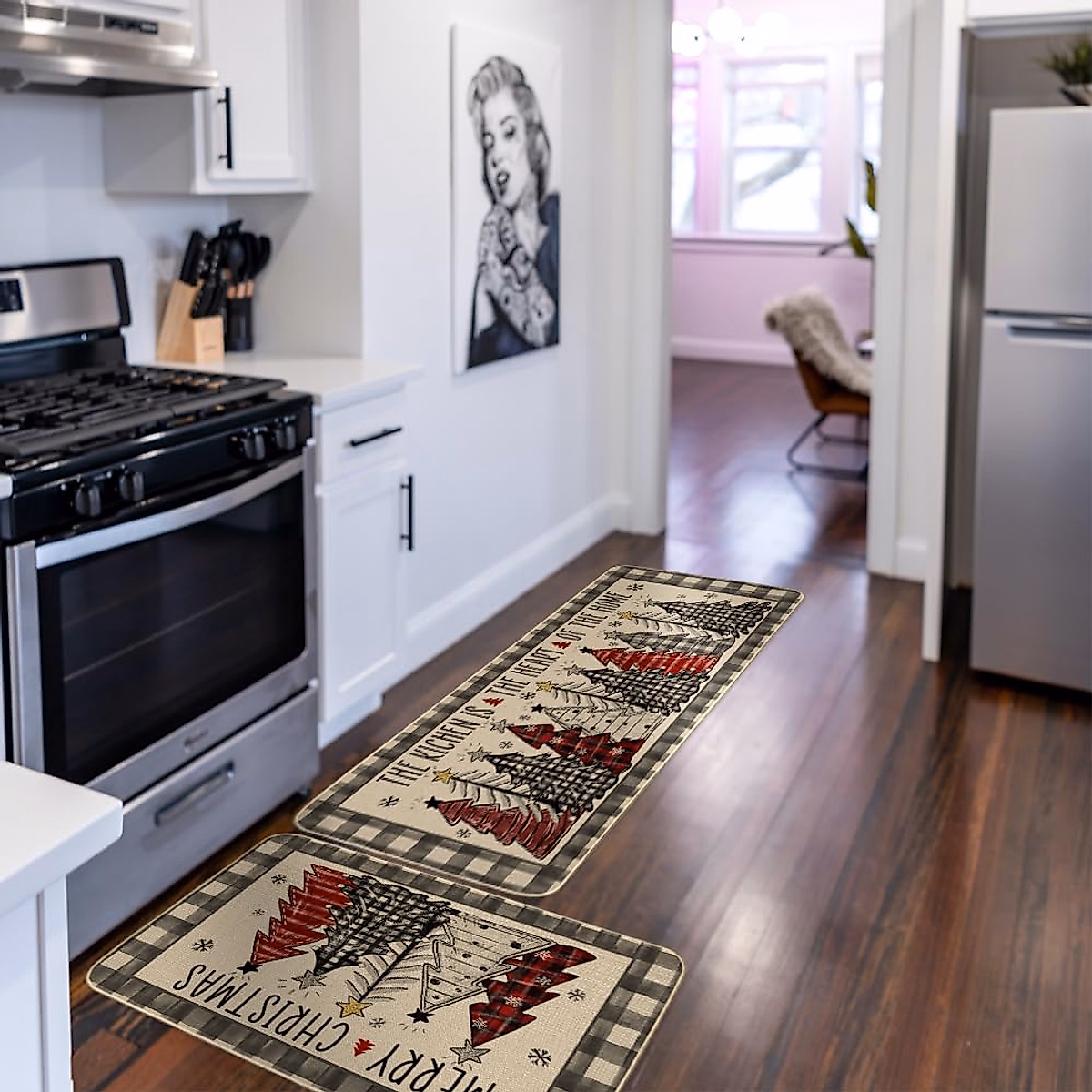 ARKENY Merry Christmas Kitchen Rugs Set of 2 ， Red Xmas Tree Floor Mat,Farmhouse Style Kitchen Decorations for Door Mats- 17x29 and 17x47 Inch AKM001