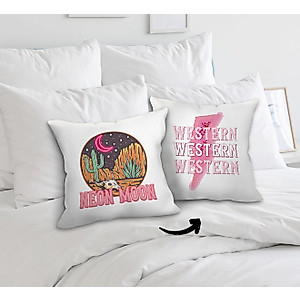 FLDAS Preppy Pillow Covers 18x18, Western Pillow Cases, Pink Western Decor, Western Gifts for Women, Western Preppy Neon Moon Cactus Desert Lightning Reversible Throw Pillow Covers