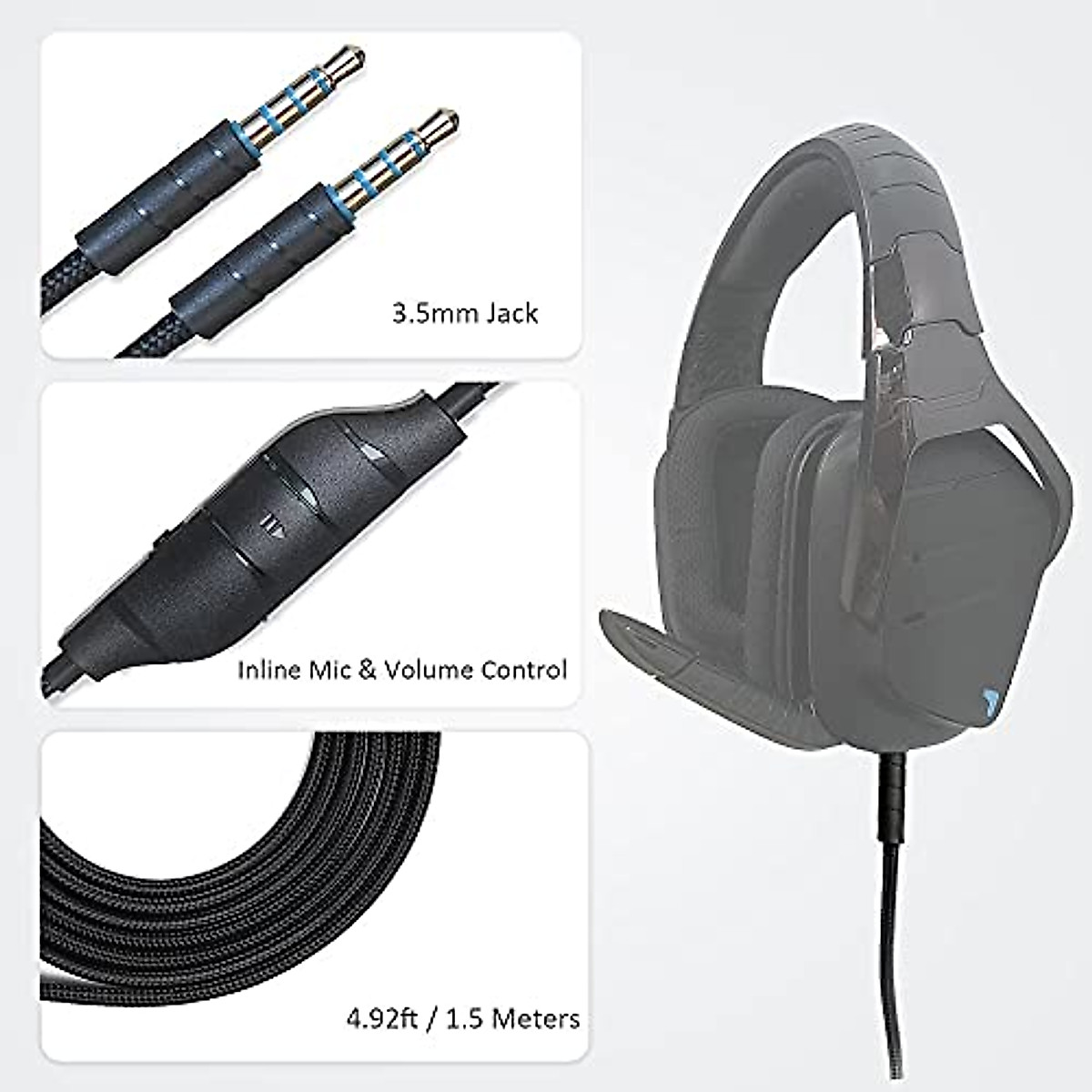 MQDITH G633 Cable Aux Cord Replacement Compatible with Logitech G633/G635/G933/G935 Gaming Headset, 3.5mm 4-pin 4.92ft Audio Cable with Inline Mic and Volume Control(4.92FT/1.5Meter, Black)