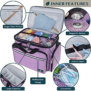PAVILIA Knitting Bag Yarn Storage Tote - Crochet Organizer Bag, Yarn Storage Holder with Dividers for Knitting Accessories, Yarn Skiens, Needles, Hooks, Unfinished Project (Heather Purple)