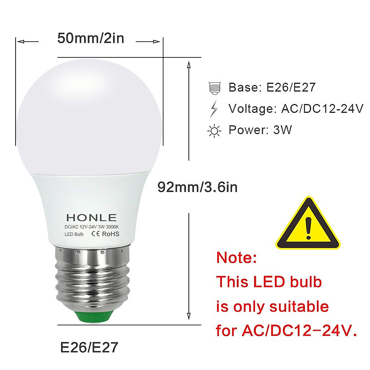 Honle E26 LED Light Bulbs 3W 12V Low Voltage Warm White 3000K E27 Edison Standard Screw Base 25W Equivalent Pack of 2