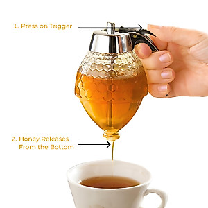 Hunnibi Honey Dispenser No Drip Glass - Maple Syrup Dispenser Glass - Beautiful Honey Comb Shaped Honey Pot - Honey Jar with Stand, Great Bee Decor