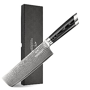 Damascus Nakiri Knife, 7 Inch Professional Kitchen Knife with Non-slip Wood Ergonomic Handle, All Purpose Chef Knife Meat Cleaver Vegetables Chopping, Razor Sharp Lightweight