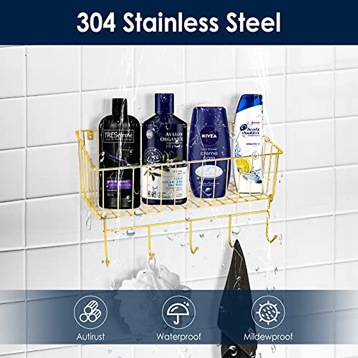 KingFurt Shower Caddy Gold,2Pcs Adhesive Bathroom Shower Organizer Shelves,Kitchen Storage Rack with Hooks,No Drilling Wall Mounted or Drill Stainless Steel Rustproof Shower Shelf for Inside Shower