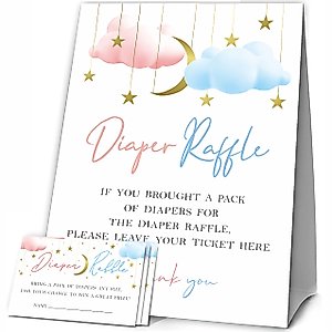 JCVUK Baby Shower Games, 1 Diaper Raffle Standing Sign with 50 Diaper Raffle Tickets, Twinkle Twinkle Little Star, Gold Moon and Stars Theme Gender Reveal Party Decorations and Supplies(LBLK-A05)
