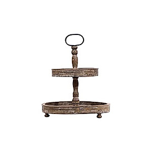 Creative Co-Op Distressed Brown Wood Metal Handle Two-Tier Tray 15 x 15 Inch