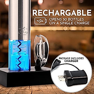 Zulay Electric Wine Opener With Charging Base and Foil Cutter - Stainless Steel Automatic Wine Bottle Opener - Rechargeable Electric Wine Bottle Opener - Wine Opener Electric Corkscrew Opener