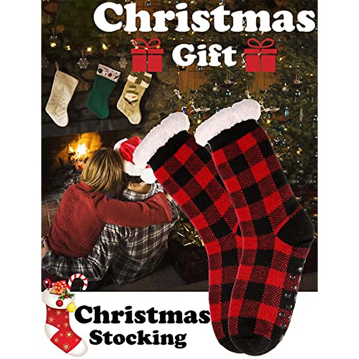 Fuzzy Socks for Women Slipper Fluffy Buffalo Plaid Cabin Cozy Winter Thick Warm Comfy Sherpa Fleece Sleep Plush Home Grips Socks Christmas White Elephant Gift Stocking Stuffer for Wife Her Teenage-Red
