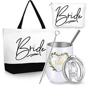 3 Pieces Bride Gifts 12oz Bride Tumbler Cup Stainless Steel Drink Cup with Straw Brush Bride Makeup Cosmetic Bag and Tote Bag for Wedding Bachelorette Bridal Shower Engagement Party Favors