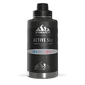 Hydrapeak 50oz Insulated Large Water Bottle - Leak Proof Stainless Steel Water Flask, Double Wall Vacuum Insulation Keeps Drinks COLD for 24 Hours and HOT for 12 Hours (Black)