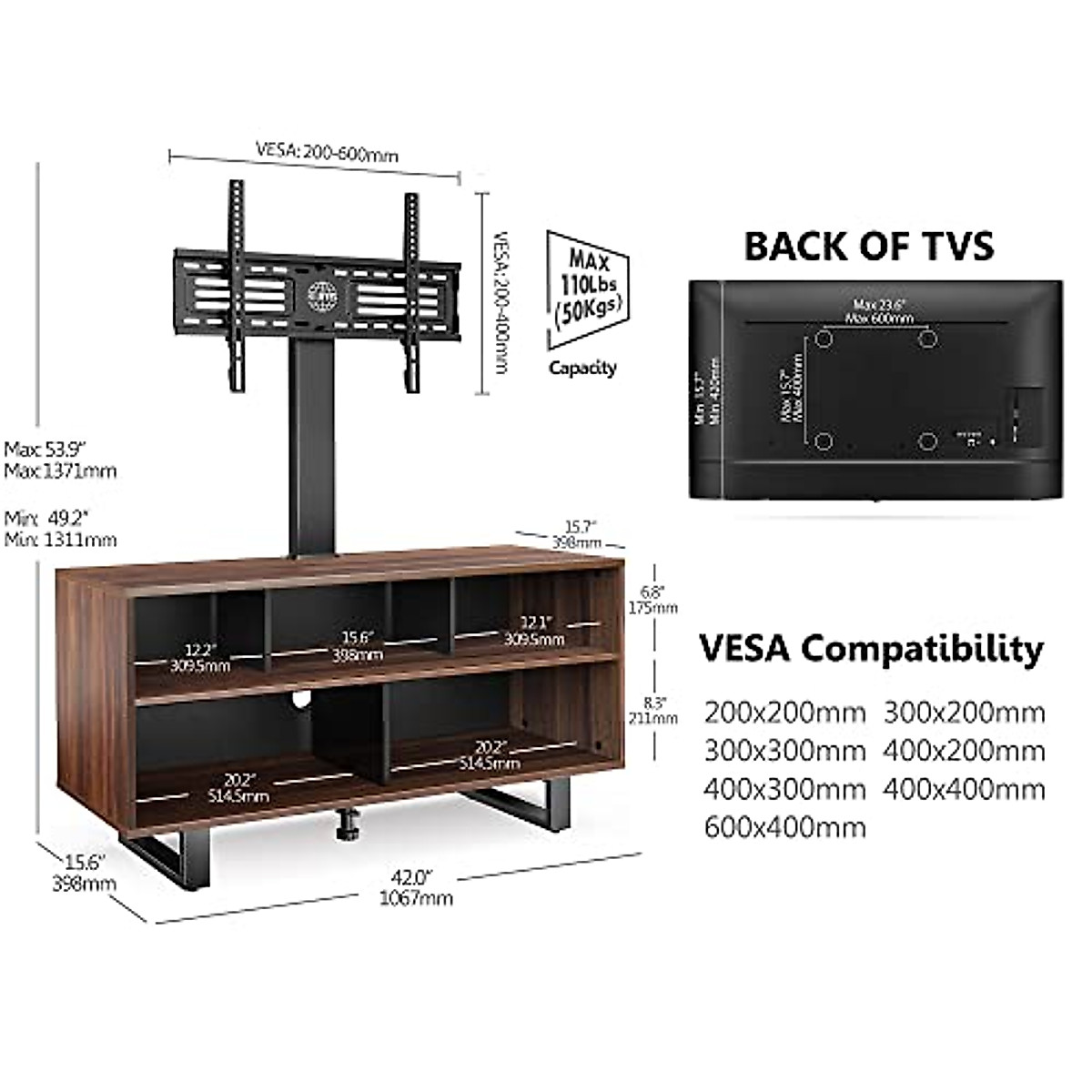 FITUEYES TV Stand with Mount for 32-70 inch TVs, Swivel Floor Entertainment Center with Wood Console Holds Up to 110 Pounds For Living Room, Bedroom (Walnut Television Stands)