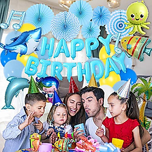 GoGoGoodie Ocean Theme Birthday Party Decorations Shark Birthday Decorations for Boys - Under the Sea Party Include Sea Animal Balloons birthday Banner Navy Blue Hanging Paper Fans Latex Balloons