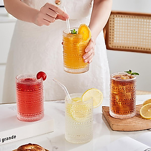 15 oz Clear Hobnail Drinking Glasses with Straws Set of 6, Vintage Glassware Old Fashioned Beverage Glasses, Cocktail Drinking Glassware Set, Kitchen Water Glasses Cup, for Beer, Smoothie, Juice
