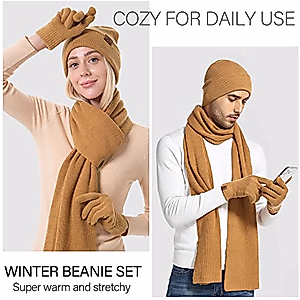 Mens Winter Warm Beanie Hats Long Scarf Neck Touchscreen Gloves Set Ribbed Knit Skull Caps Scarves Gloves for Women Man Brown