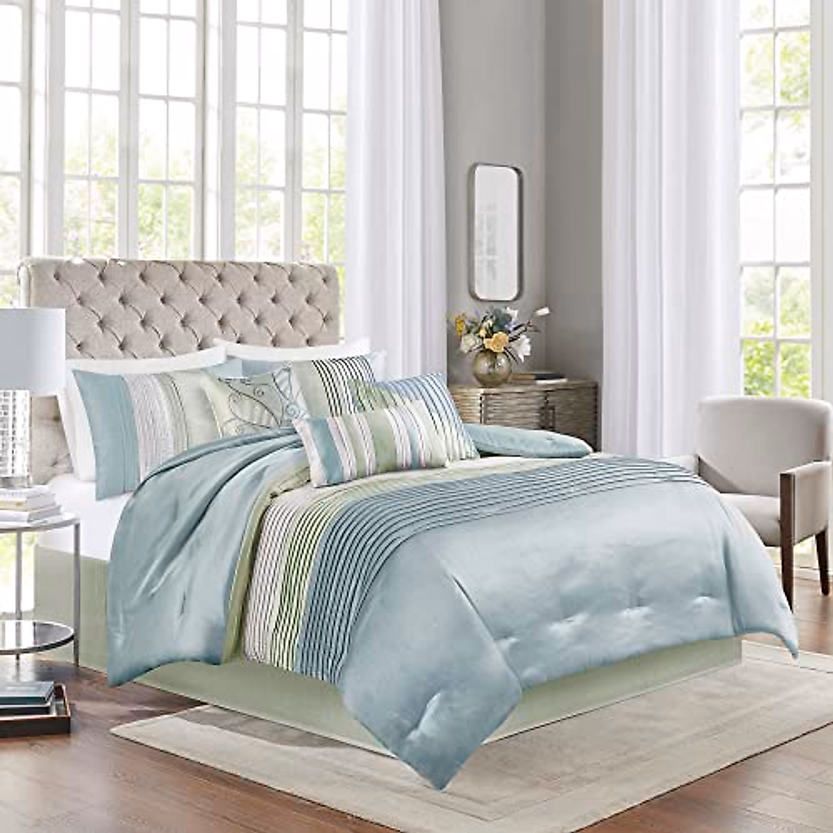 Madison Park Amherst Faux Silk Comforter Set-Casual Contemporary Design All Season Down Alternative Bedding, Matching Shams, Bedskirt, Decorative Pillows, King(104"x92"), Green, 7 Piece (MP10-847)