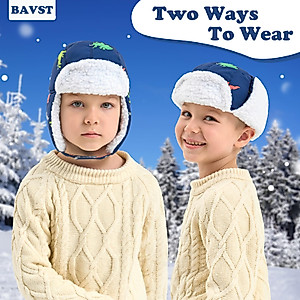 Winter Trapper Hat for Boys Girls Waterproof Warm Baby Toddler Ushanka Fleece Beanie Hats for 6M-6T (Navy Dinosaur, 2-4T)