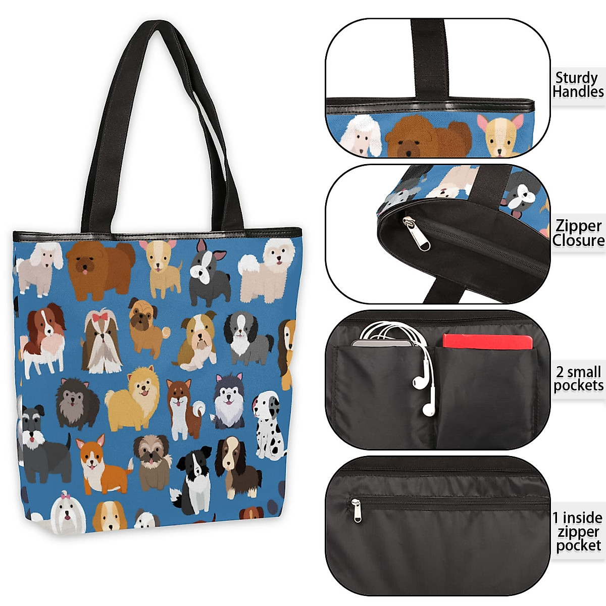 Cute Dog Pattern Canvas Tote Bag, Eco Friendly Reusable Grocery Shopping Bags Beach Bag Book Tote Handbags Washable Shoulder Bag With Zipper Inner Pocket for Women Girls