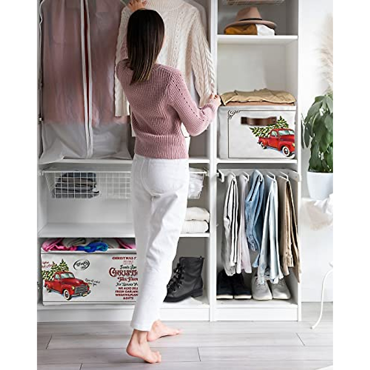 Christmas Cube Storage Organizer Bins with Handles,1PC 15x11x9.5 Inch Collapsible Canvas Cloth Fabric Storage Basket,Xmas Red Truck Winter Snowy Tree Poinsettia Flower Kids' Toys Bin Boxes for Shelves