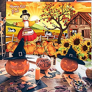 Blulu Happy Fall Y'all Party Decoration Backdrop Welcome Fall Scarecrow Harvest Decorative Autumn Background for Halloween Thanksgiving Party Décor Harvest Time Pumpkin (Orange Fall)