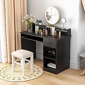 GOFLAME Computer Desk, Home Office Desk with Large Drawers, Hutch, Keyboard Tray, 5-Position Adjustable Open Shelves, Easy Assembly, Writing Desk for Bedroom, Small Space, Living Room, Black