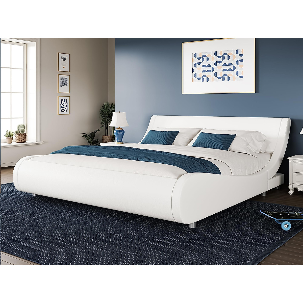 WEEWAY Modern Queen Size Upholstered Platform Bed Frame, Faux Leather Sleigh Bed with Adjustable Headboard, Strong Wood Slats Support, No Box Spring Needed, White