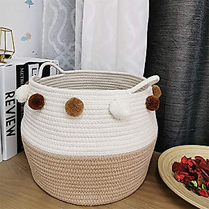 Cotton Rope Woven Round Baskets, Baby Shower Basket with Pom, Shelf Storage Basket, Baby Diaper Caddy Nursery Nappies Organizer, Blanket Laundry Basket Hamper Bin for Living Room