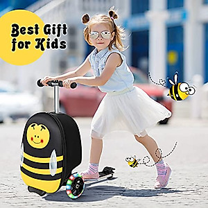 HONEY JOY Kids Scooter Suitcase, 18” Children Carry on Scooter Luggage w/Light-up LED Wheels, Waterproof Shell & Retractable Handle, Lightweight Foldable Ride on Suitcase