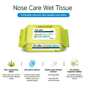 DR.ATO Nose Care Wet Tissue 20p 3 Pack (Total 60p) - Unscented Wet Wipes for Baby and Kids, Nose, Face, Hand Care with Natural Saline & Aloe Vera - Soothing and Moisturizing for Sensitive Skin