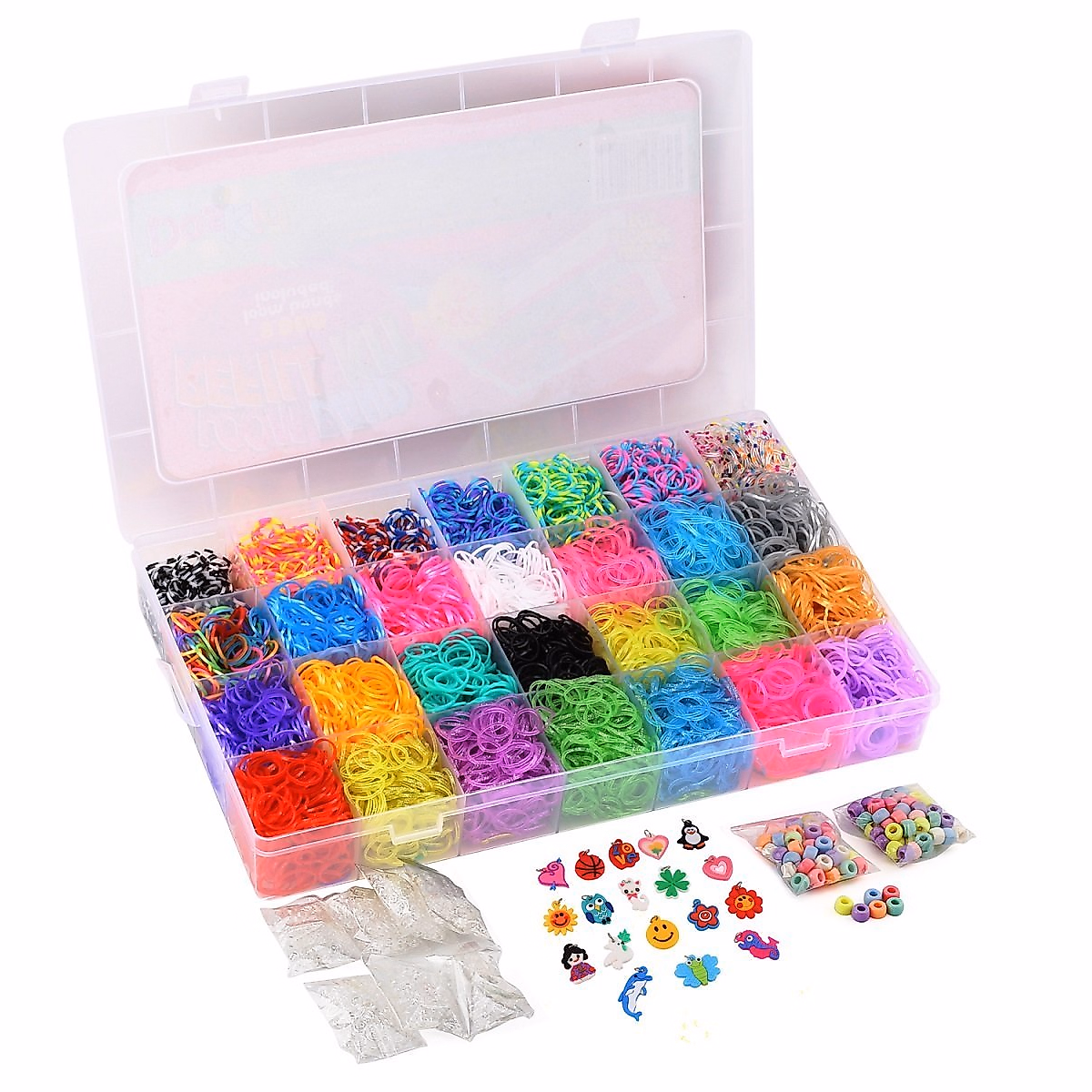 DasKid 12100+ Rubber Bands Refill Loom Set 11,000+ Loom Bands 42 Colors 600 Clips 200 Beads + 52 ABC Beads 30 Charms 10 Backpack Hooks 10 Tassels 5 Crochet Hooks 5 Hair Clips +ABC & Number Stickers