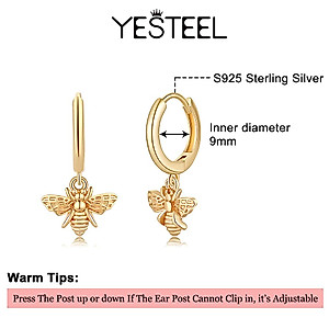 Yesteel Bee Huggie Hoop Earrings, S925 Sterling Silver Post Honey Bumble Bee Dangle Hoop Earrings, 14K Gold Plated Cute Dangling Huggy Bumblebee Earrings for Women Jewelry Gifts