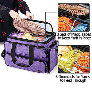 YARWO Knitting Bag, Yarn Storage Organizer Tote for Knitting Needles(Up to 14”), Crochet Hooks, Circular Needles, Projects and Skeins of Yarn, Purple (Bag Only)