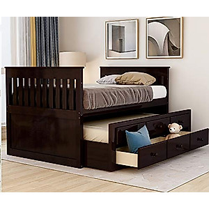Twin Captain’s Bed Storage daybed with Trundle and Drawers for Kids Guests (Espresso)