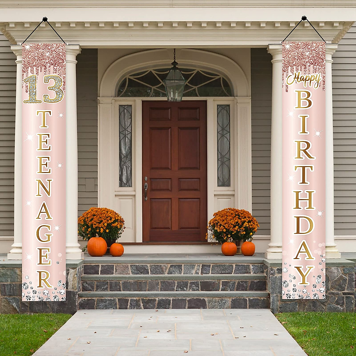 13th Birthday Decorations Door Banner for Girls, Pink Rose Gold 13 Teenager Happy Birthday Sign Party Supplies, Sweet Thirteen Year Old Birthday Backdrop Porch Décor