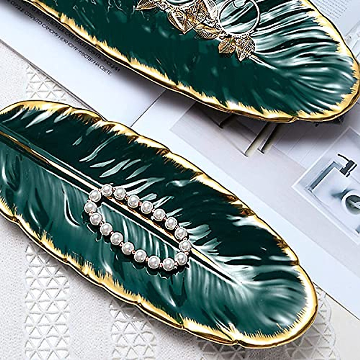Organizer Tray Feather Trinket Dish Ceramic Jewelry Dish Organizer Vanity Dressers Tray for Bathroom Closets Tray Desk Ornate Jewelry-Green